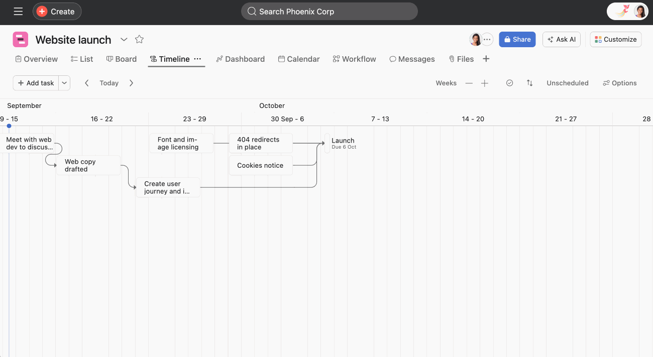 Critical path on timeline