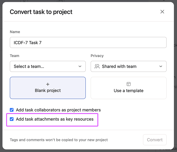 Converting tasks into projects